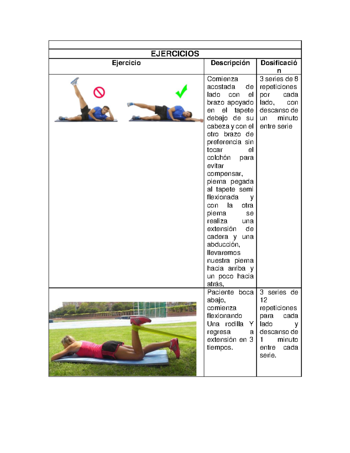 Plan Monica - jklñ - EJERCICIOS Ejercicio Descripción Dosificació n Comienza acostada de lado ...