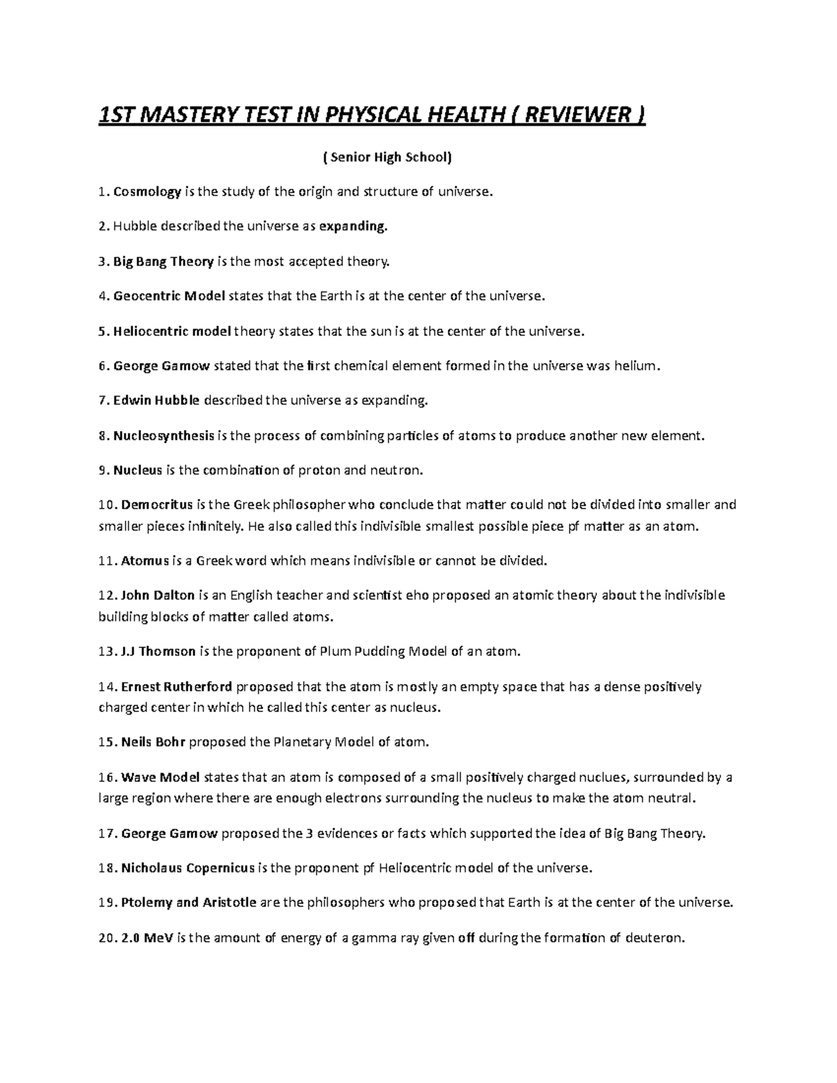 ( Reviewer) 1ST Mastery Test in Physical Science. - Special Topics in ...