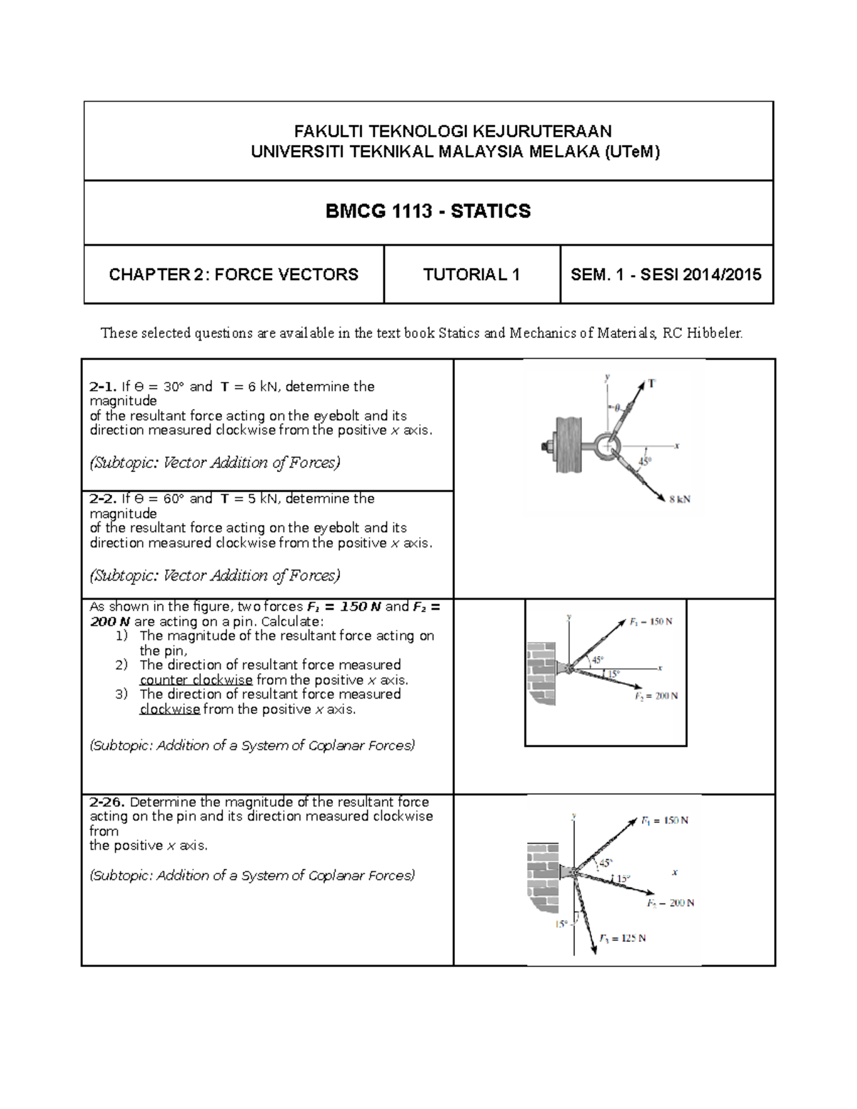 Tutorial 1- Force Vectors Question - BMCG 1113 - STATICS CHAPTER 2 ...