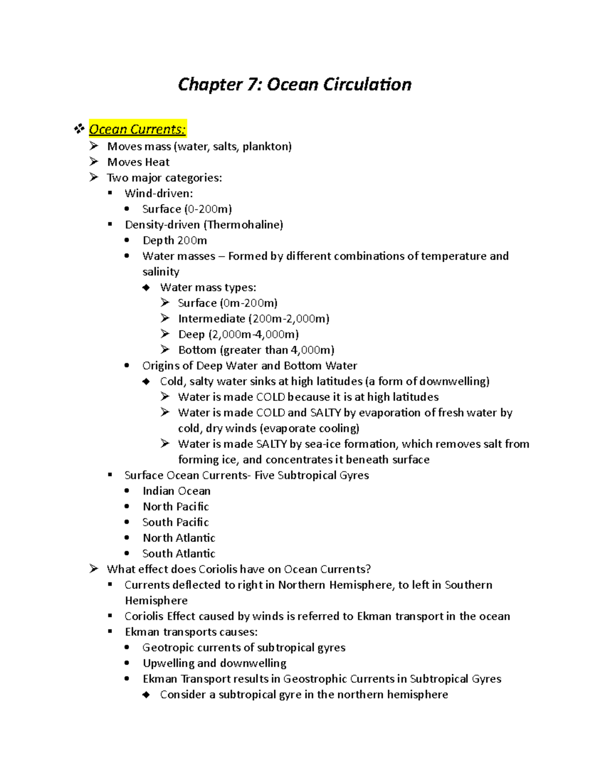 Oceanography Chapter 7 - Chapter 7: Ocean Circulation Ocean Currents ...