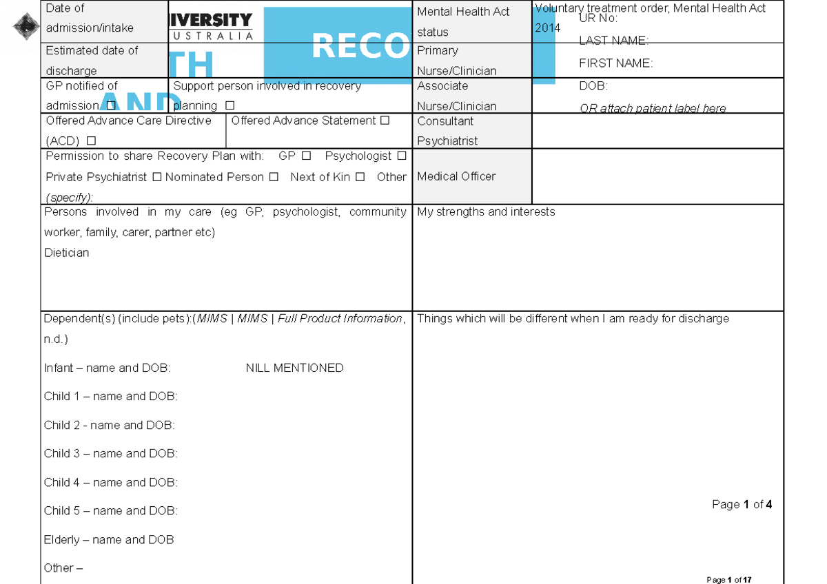 Done rec - Recovery Plan - HEALTH AND UR No: LAST NAME: FIRST NAME: DOB ...
