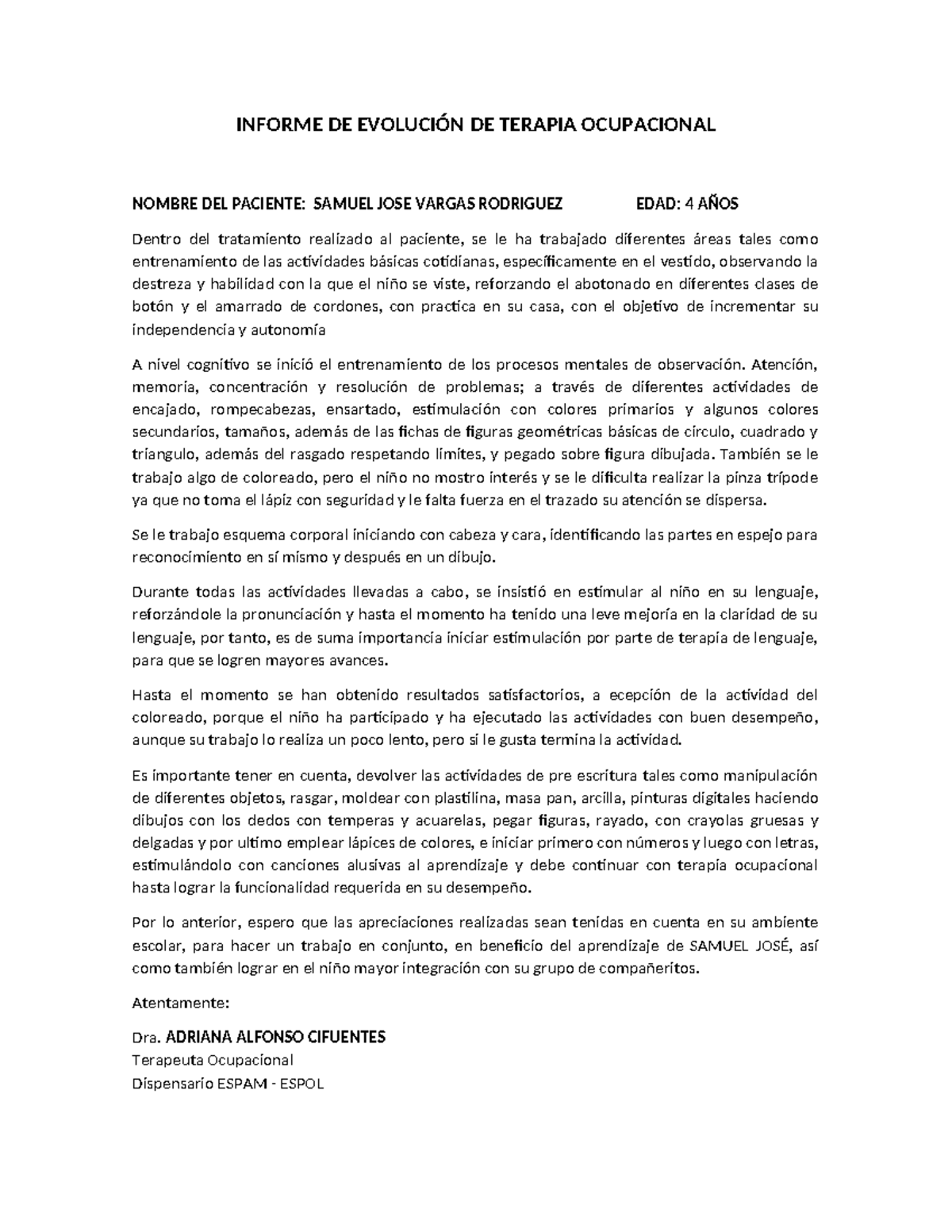 424071831 Informe DE Evolucion DE Terapia Ocupacional docx - INFORME DE EVOLUCIÓN DE TERAPIA ...