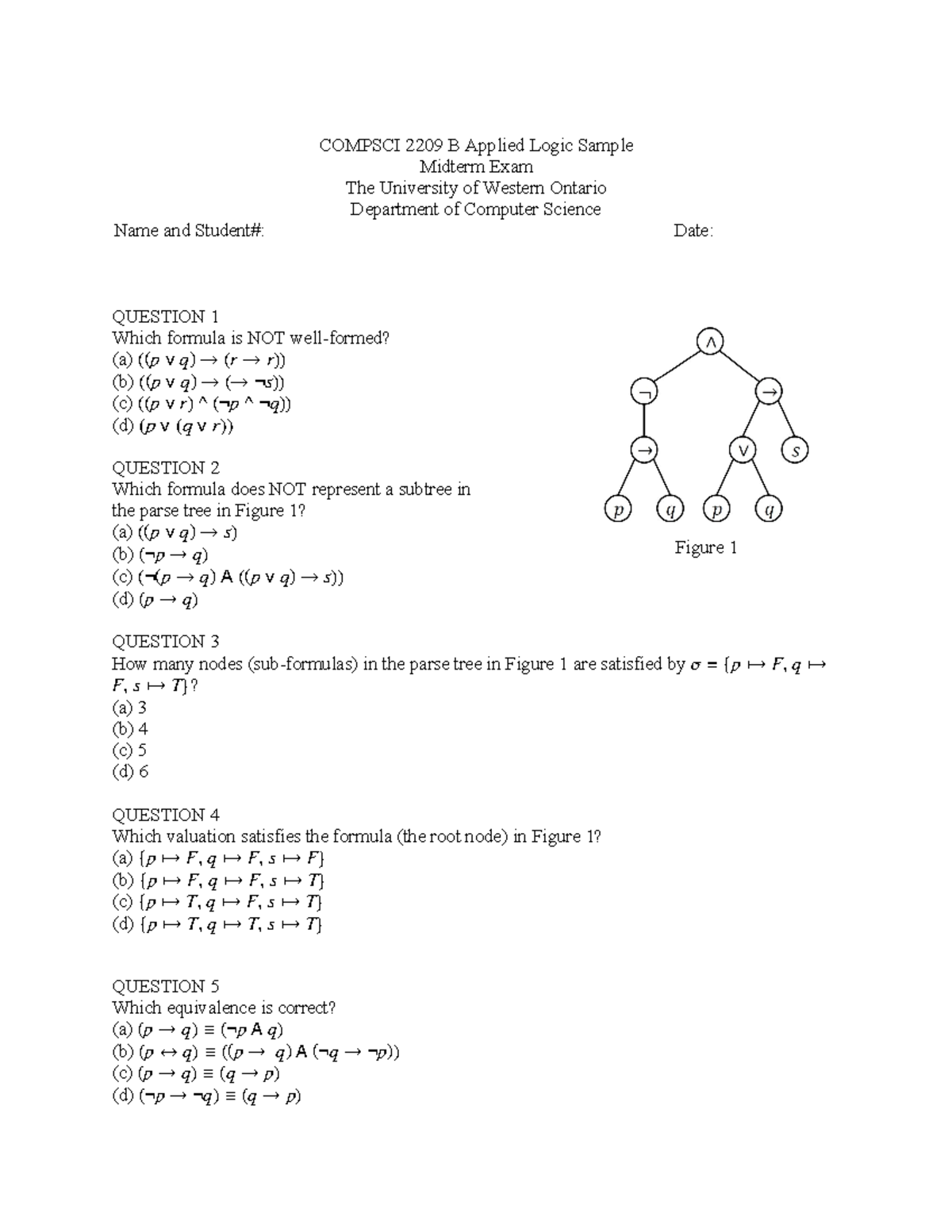 2209 Midterm Exam Compsci 2209 B Applied Logic Sample Midterm Exam The University Of Western