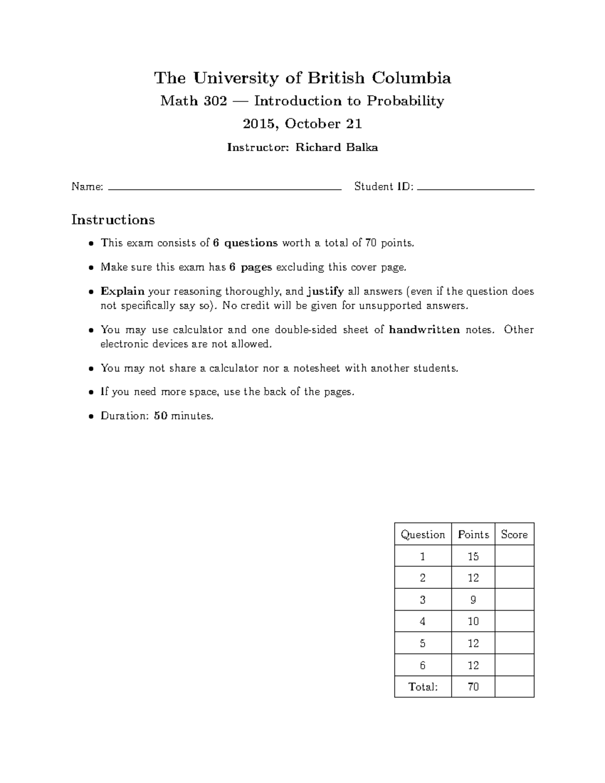 Introduction To Probability Exam 1 February 2015, answers - The ...