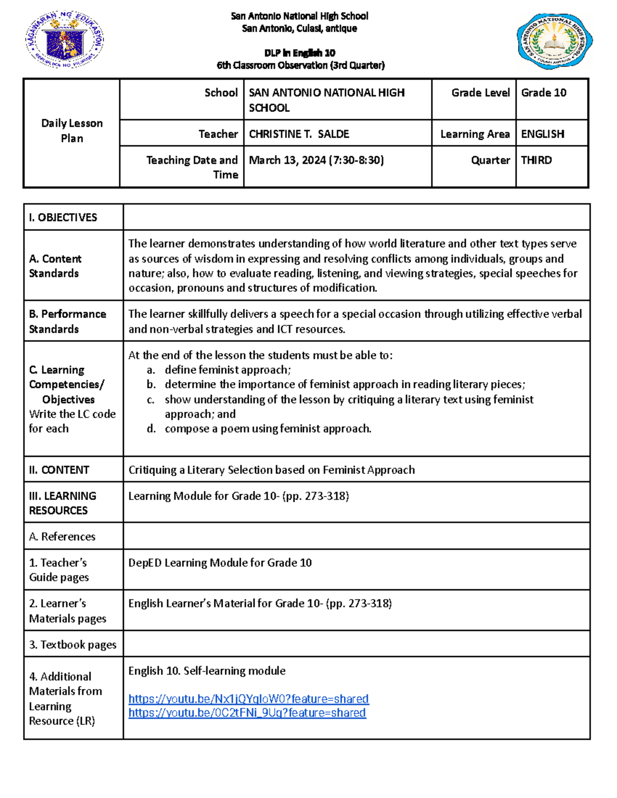 About-Feminist-Approach-Grade-10 3rd-Quarter-Google-Docs - Daily Lesson ...