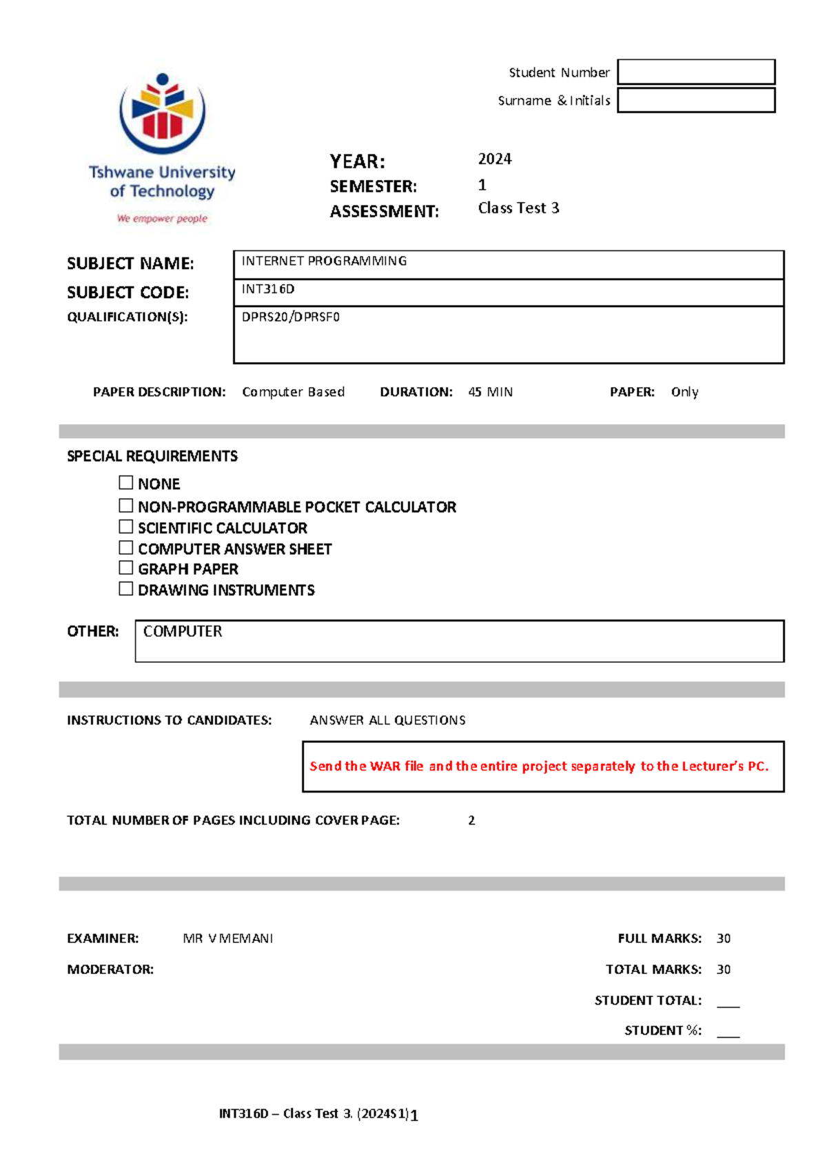 INT316D 2024S1 CT3 - INT316D – Class Test 3. ( 2024 S 1 ) 1 YEAR ...