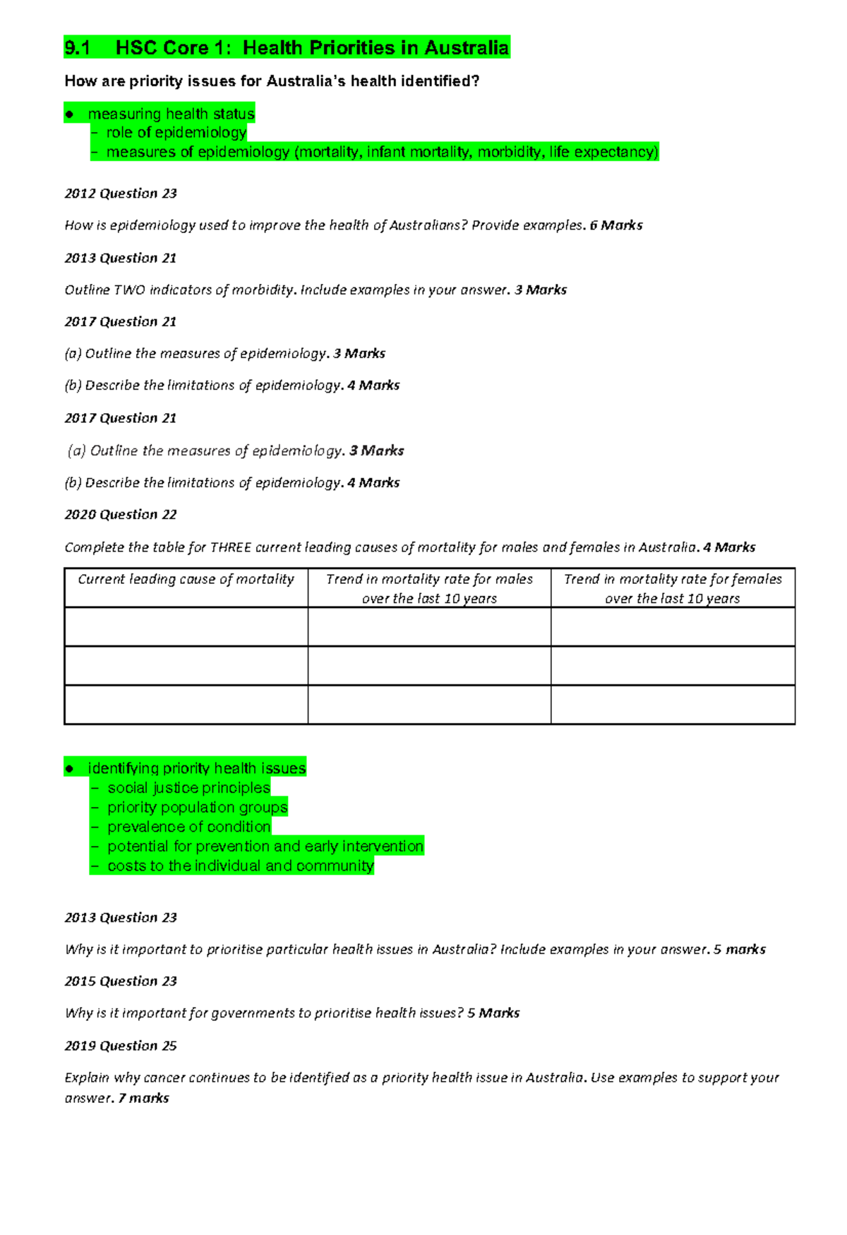 Pdh hsc questions from syllabus - 9 HSC Core 1: Health Priorities in ...