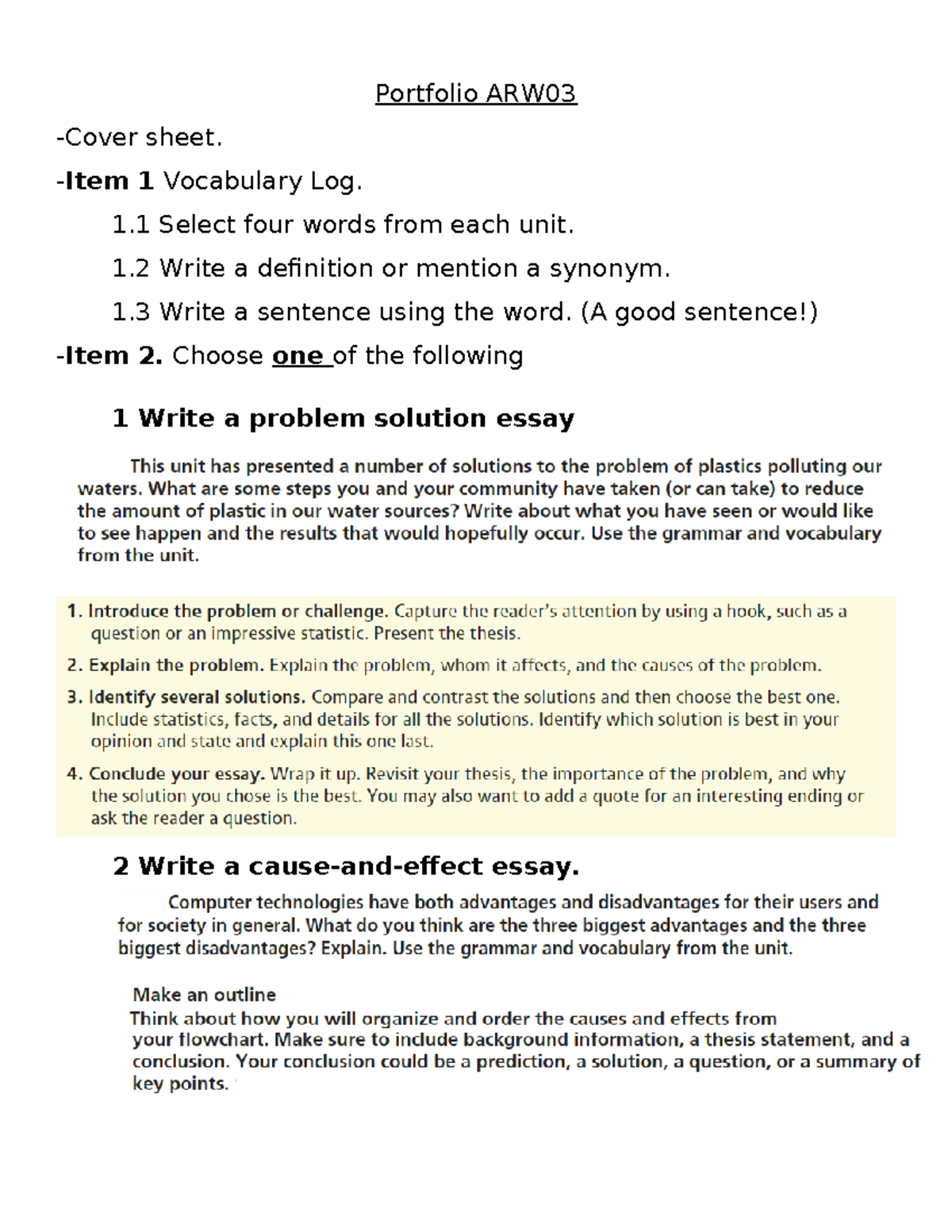 Portfolio ARW03-2 - Ingles - Portfolio ARW -Cover sheet. Item 1 ...