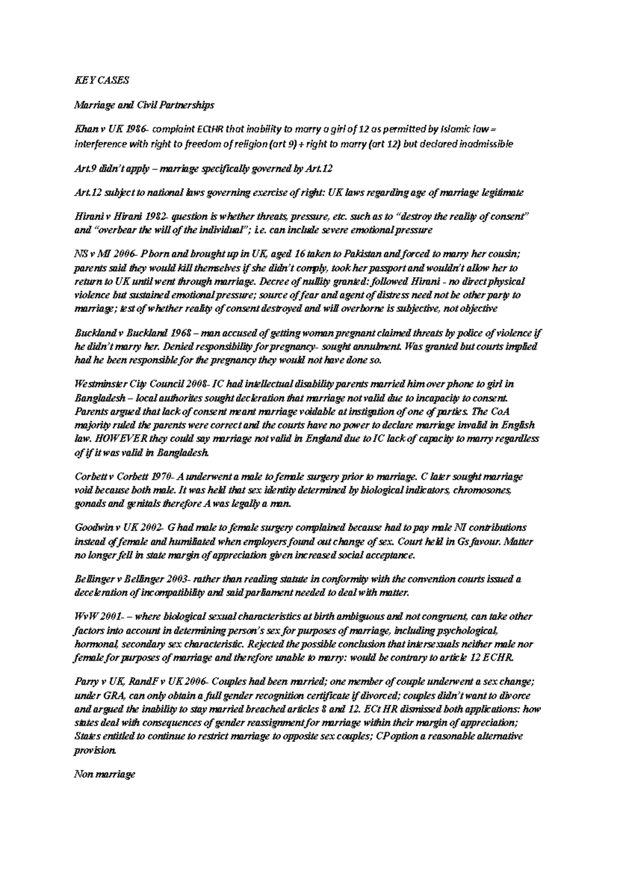 Family Final Year Case Notes - KEY CASES Marriage and Civil ...