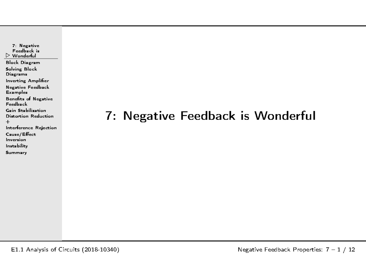 00700 Feedback p - Lecture notes 7 - 7: Negative Feedba k is Wonderful ...