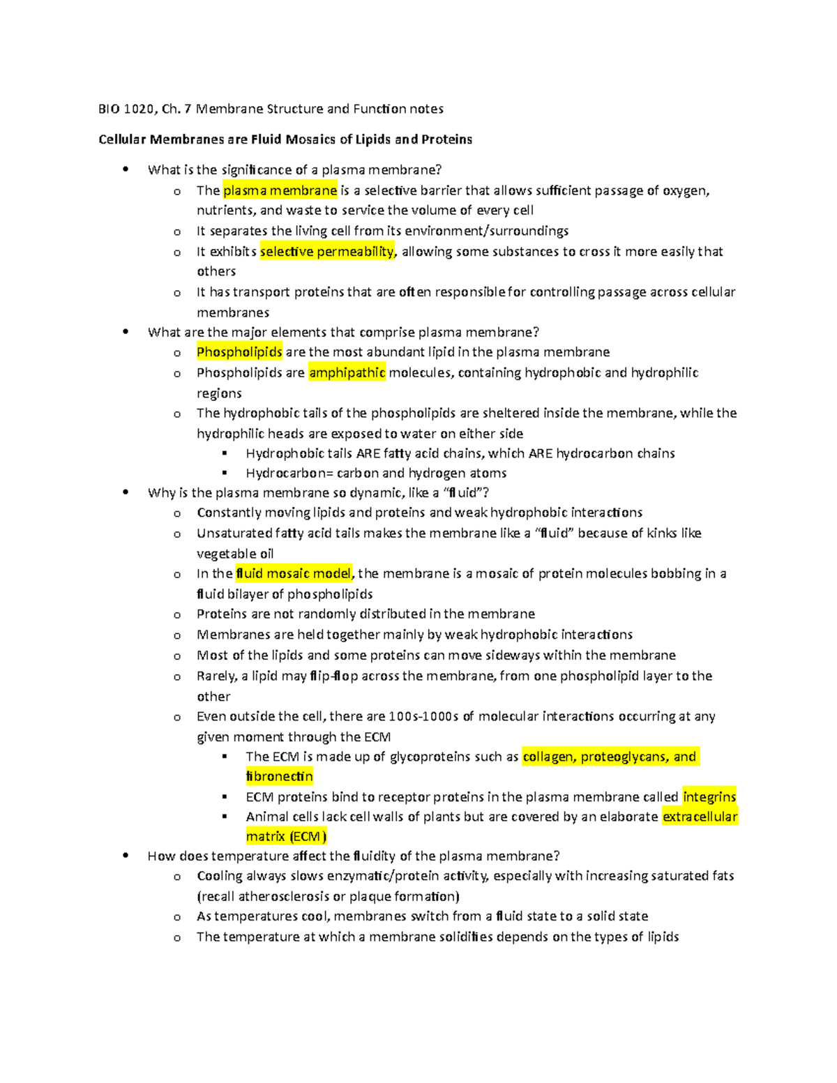 BIO 1020 Ch 7 notes - Dr. Meghan Kelley - BIO 1020, Ch. 7 Membrane ...
