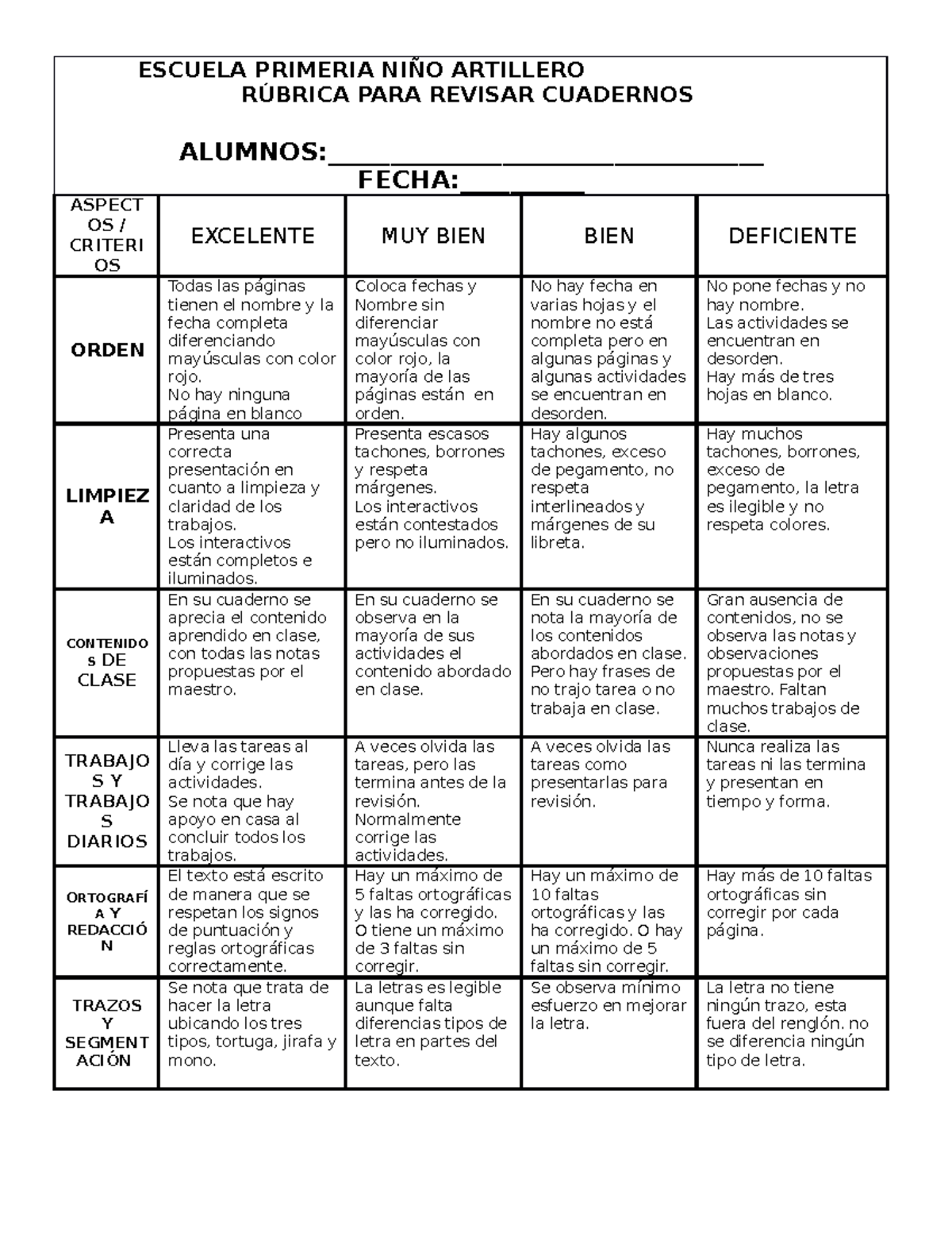 Rúbrica revision de cuaderno - ESCUELA PRIMERIA NIÑO ARTILLERO RÚBRICA ...