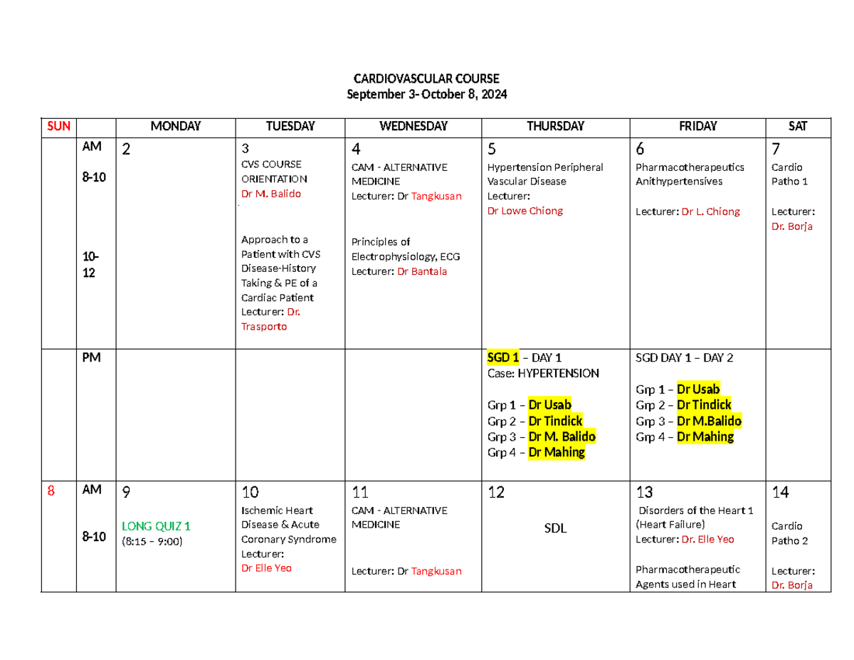CVS Course Schedule - CARDIOVASCULAR COURSE September 3- October 8 ...