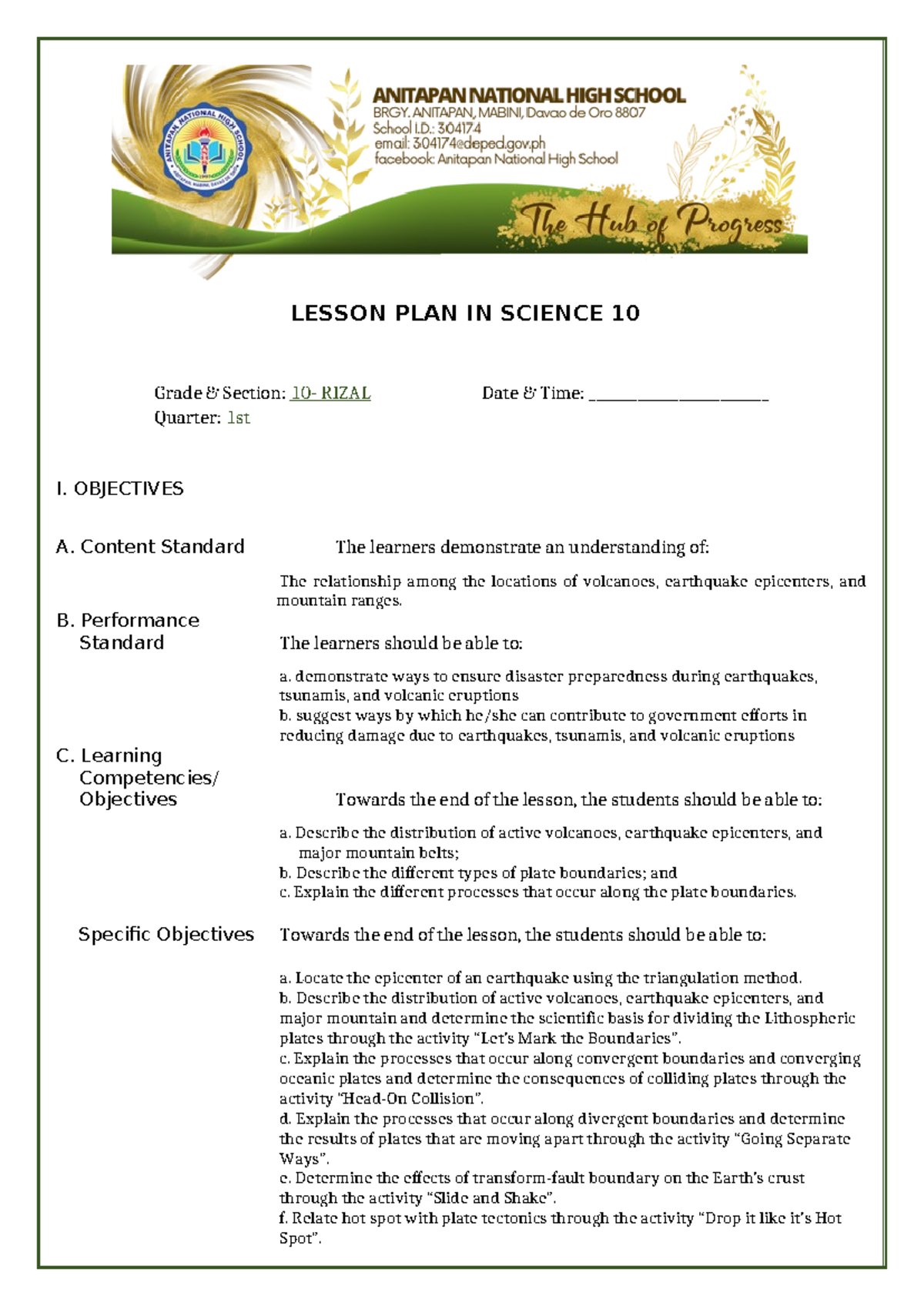 Q1 Science 10 Earthquake Plate Boundaries - LESSON PLAN IN SCIENCE 10 I. OBJECTIVES A. Content ...