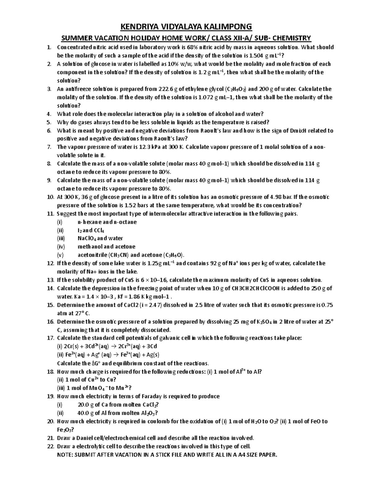 extra questions from solution class XII Chemistry - KENDRIYA VIDYALAYA ...