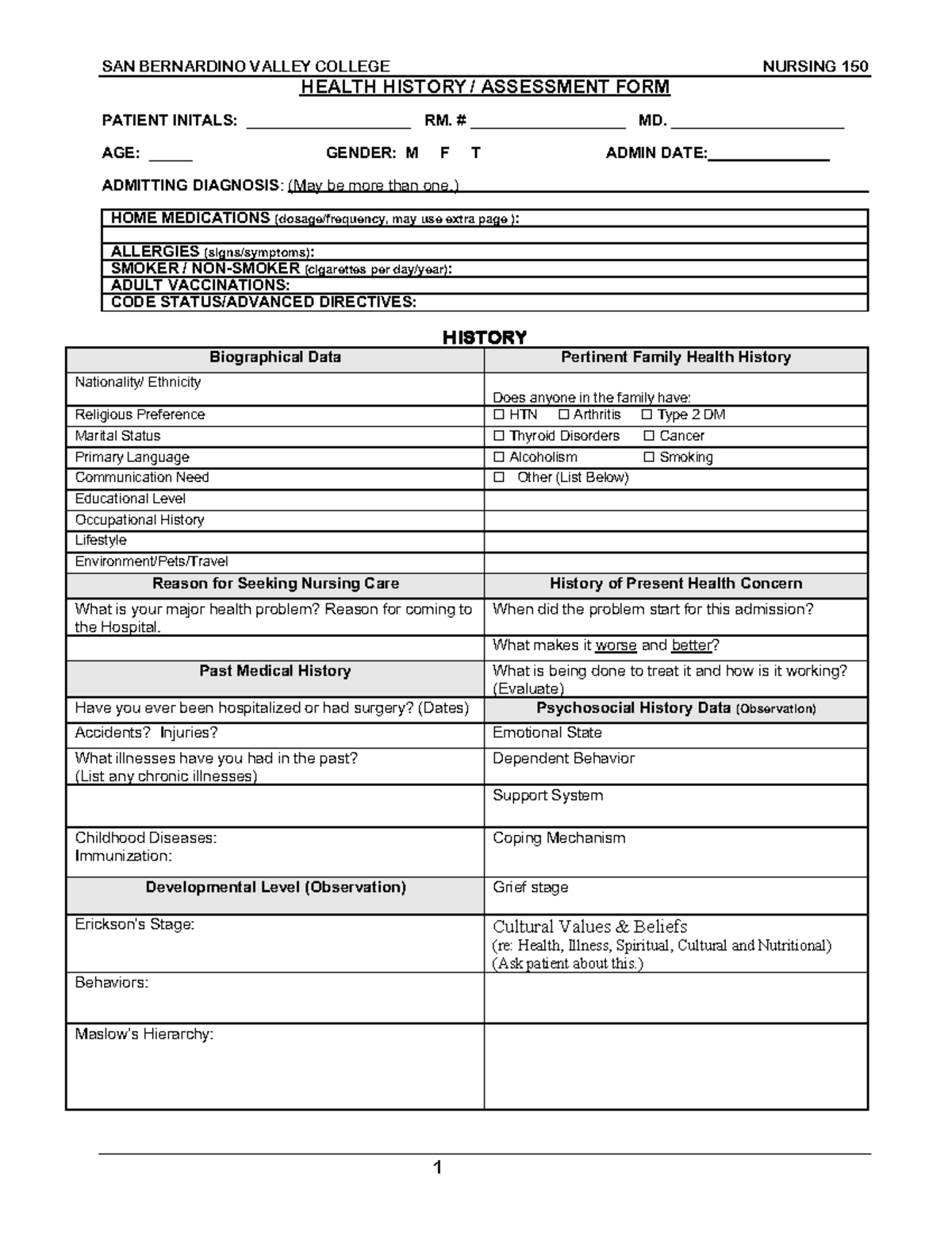 N150 Physical Assessment Clinical Document - HEALTH HISTORY ...