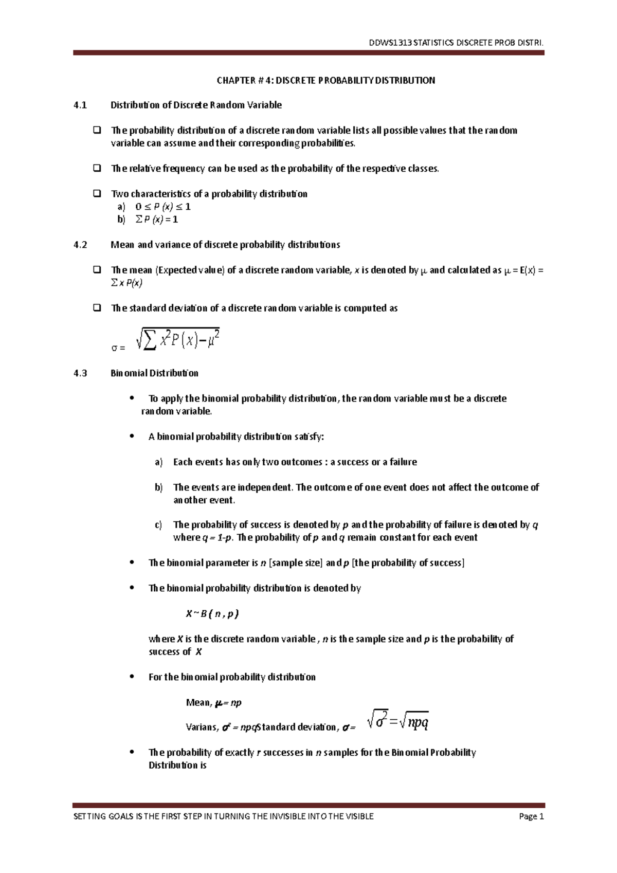 Chapter 4 Discrete PROB Distr - DDWS1313 STATISTICS DISCRETE PROB ...