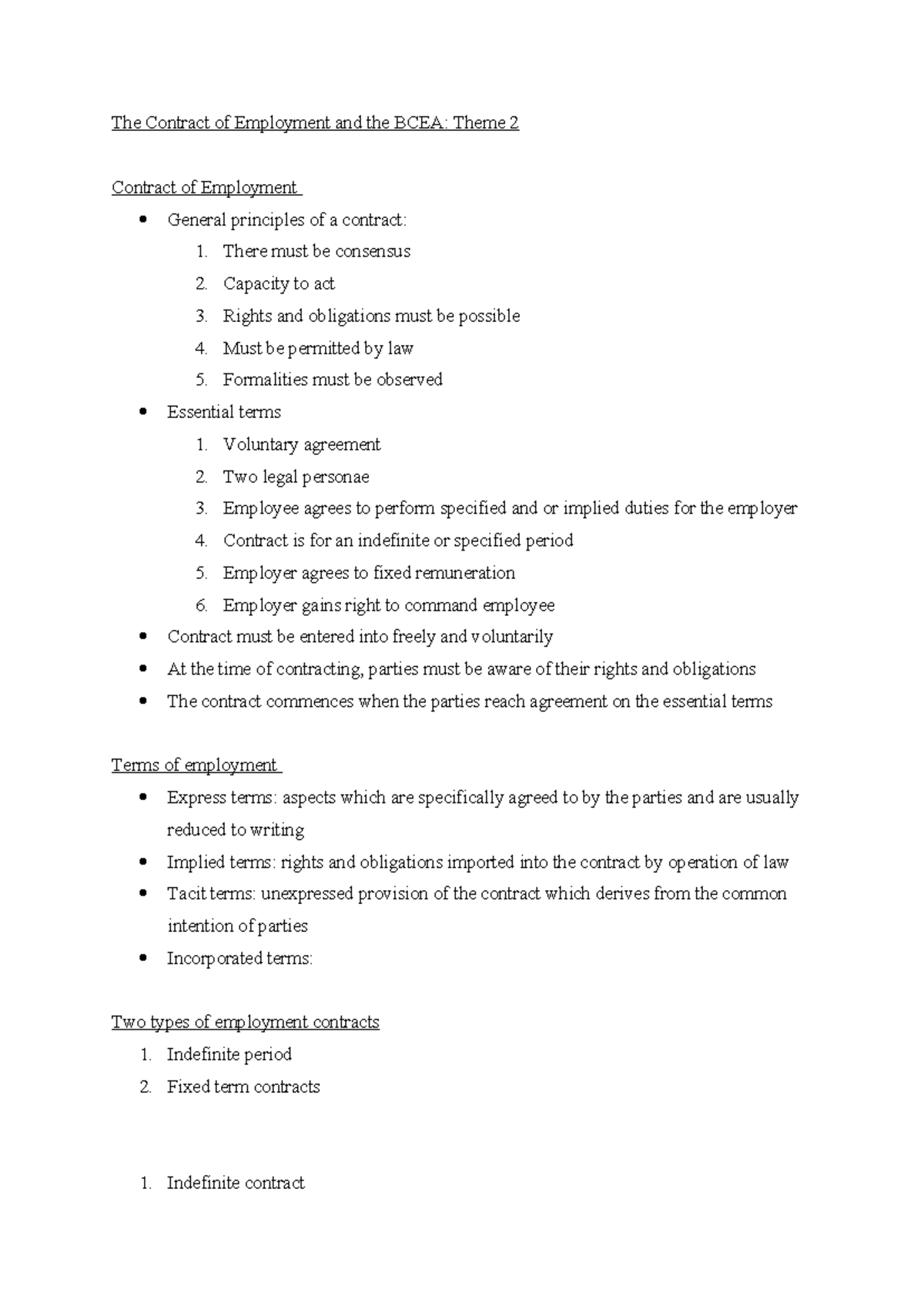 The Contract of Employment and the BCEA Notes for test - The Contract ...