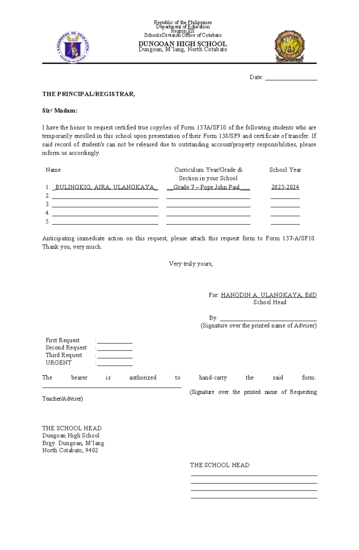 Request Form - Date: ________________ THE PRINCIPAL/REGISTRAR, Sir ...