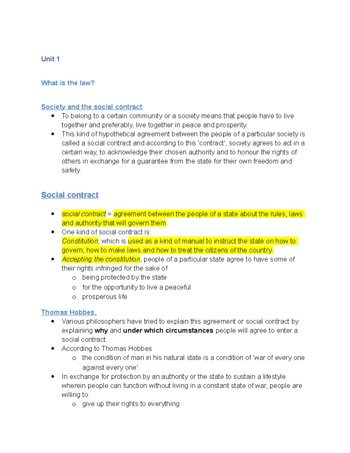 Unit 1 - Unit 1 What is the law? Society and the social contract To ...