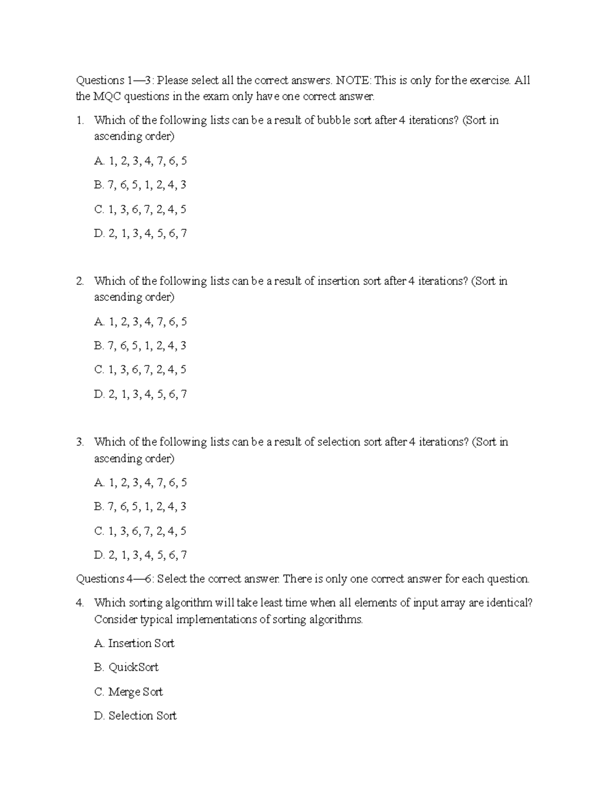 [ ECSE 250 ]Final Exercises-Sorting - Questions 1—3: Please select all ...