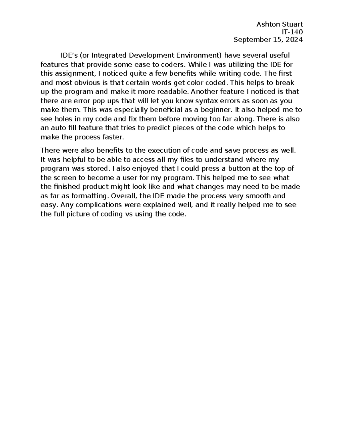 Stuart Ashton Assignment 2-3 - Ashton Stuart IT- September 15, 2024 IDE ...