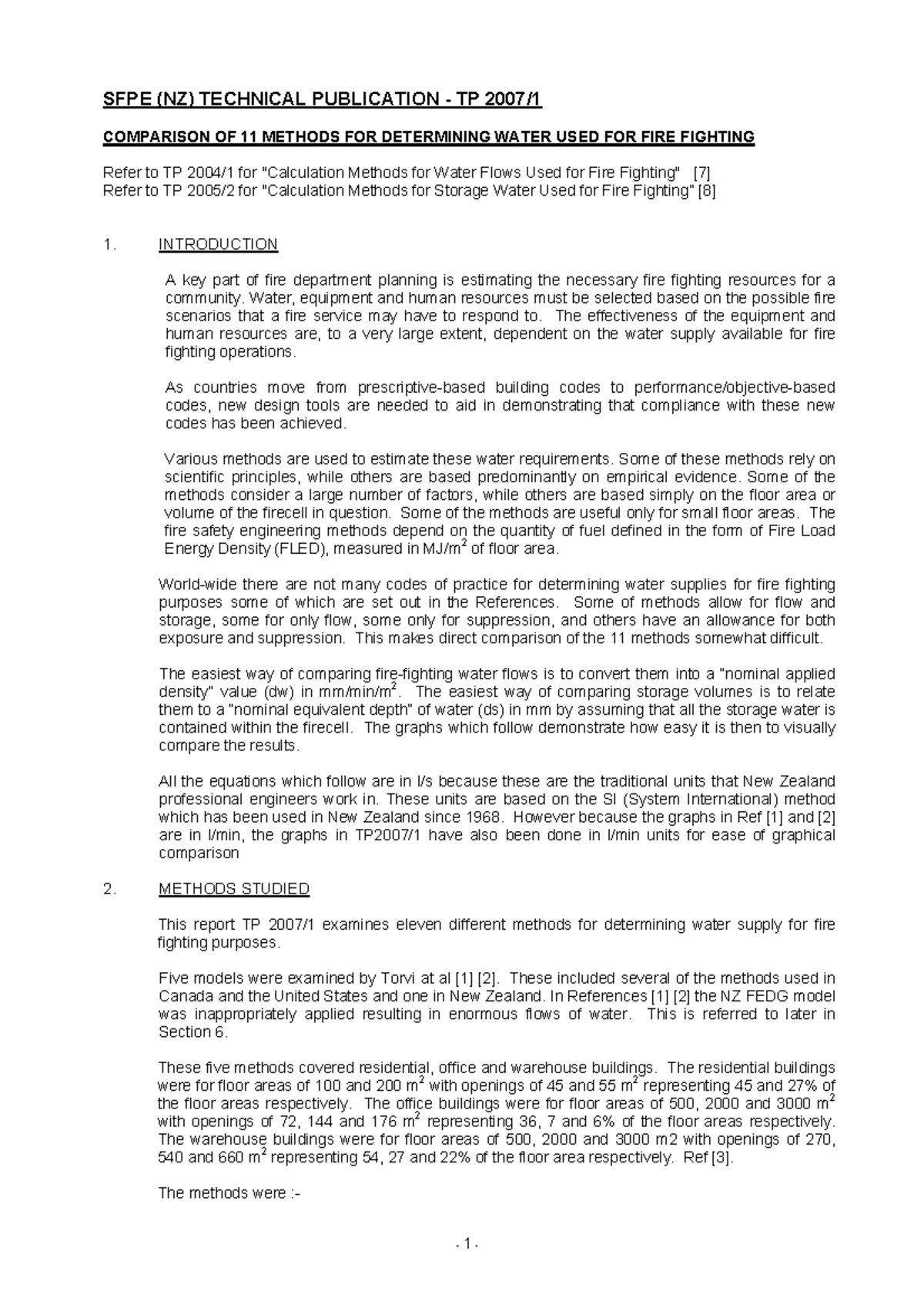 Sfpe-TP2007-1zz - SFPE (NZ) TECHNICAL PUBLICATION - TP 2007/ COMPARISON OF 11 METHODS FOR - Studocu