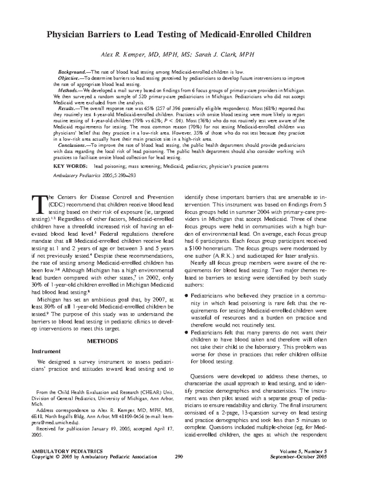 Physician Barriers to Lead Testing of Medicaid-Enrolled Children ...