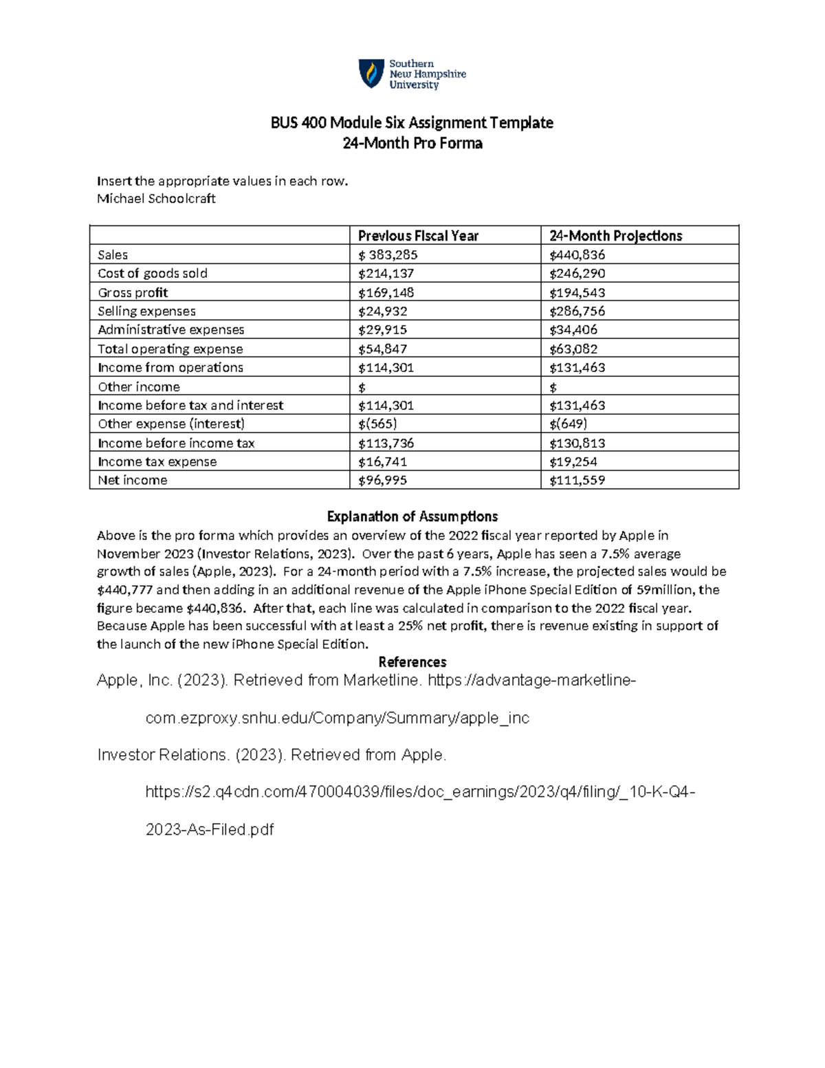 BUS 400 Module Six Assignment Schoolcraft - BUS 400 Module Six Assignment Template 24-Month Pro ...
