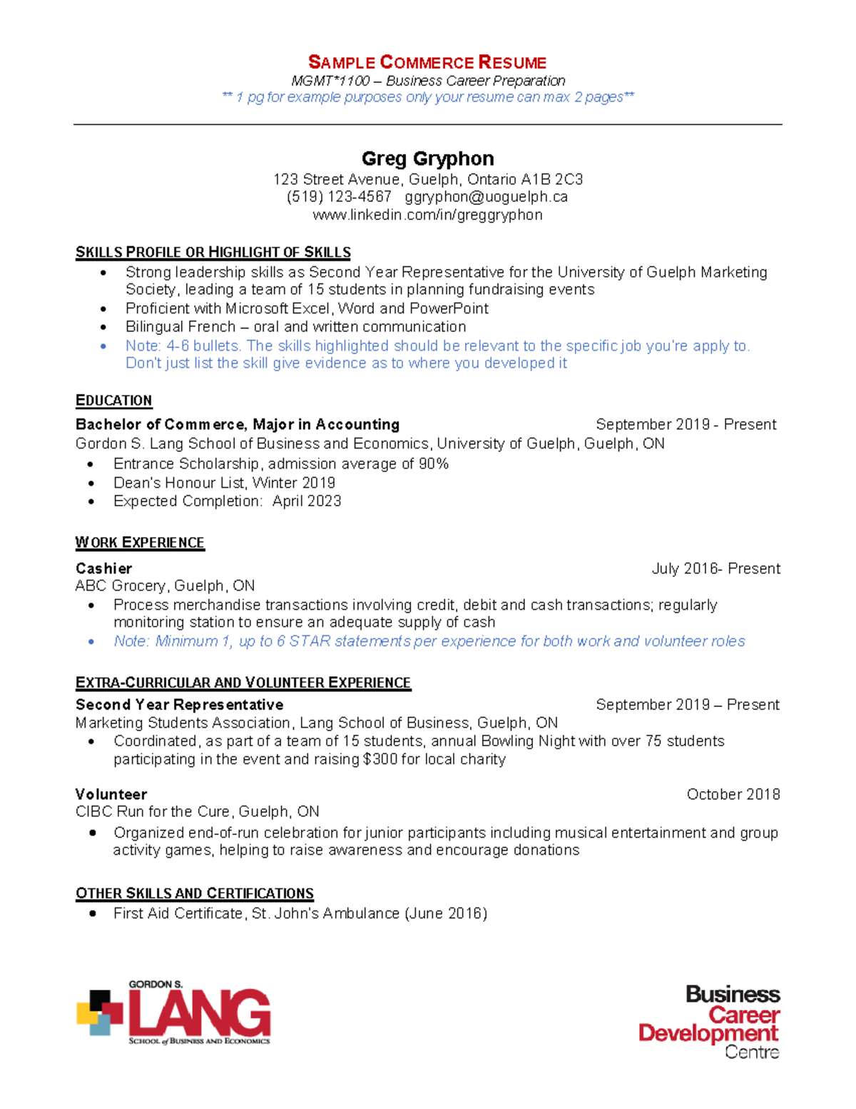 Sample Commerce Resume - SAMPLE COMMERCE RESUME MGMT*1100 – Business ...