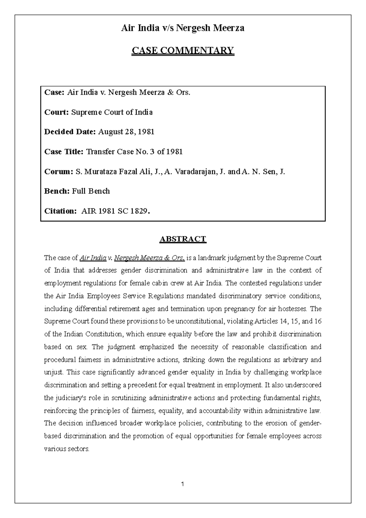 Admin law Case Analysis - Air India v. Nergesh Meerza - CASE COMMENTARY ...