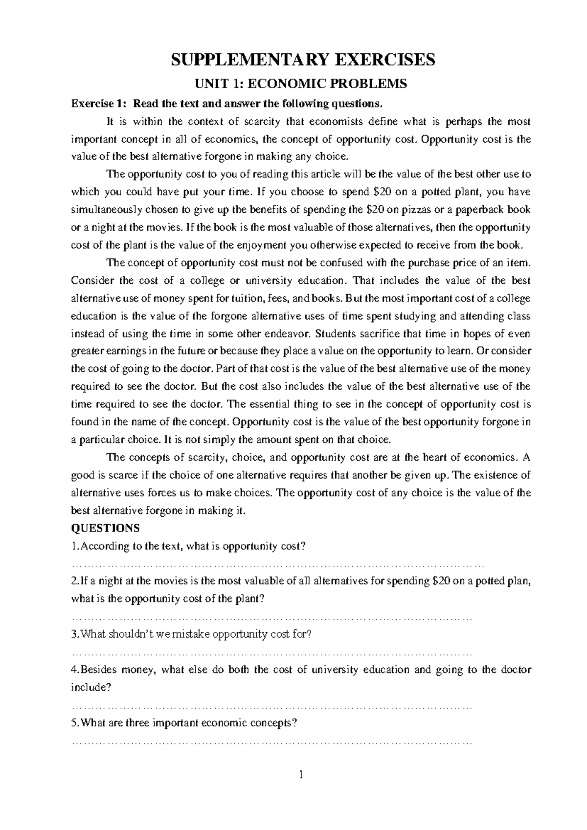 English 3 Supplementary - SUPPLEMENTARY EXERCISES UNIT 1: ECONOMIC ...