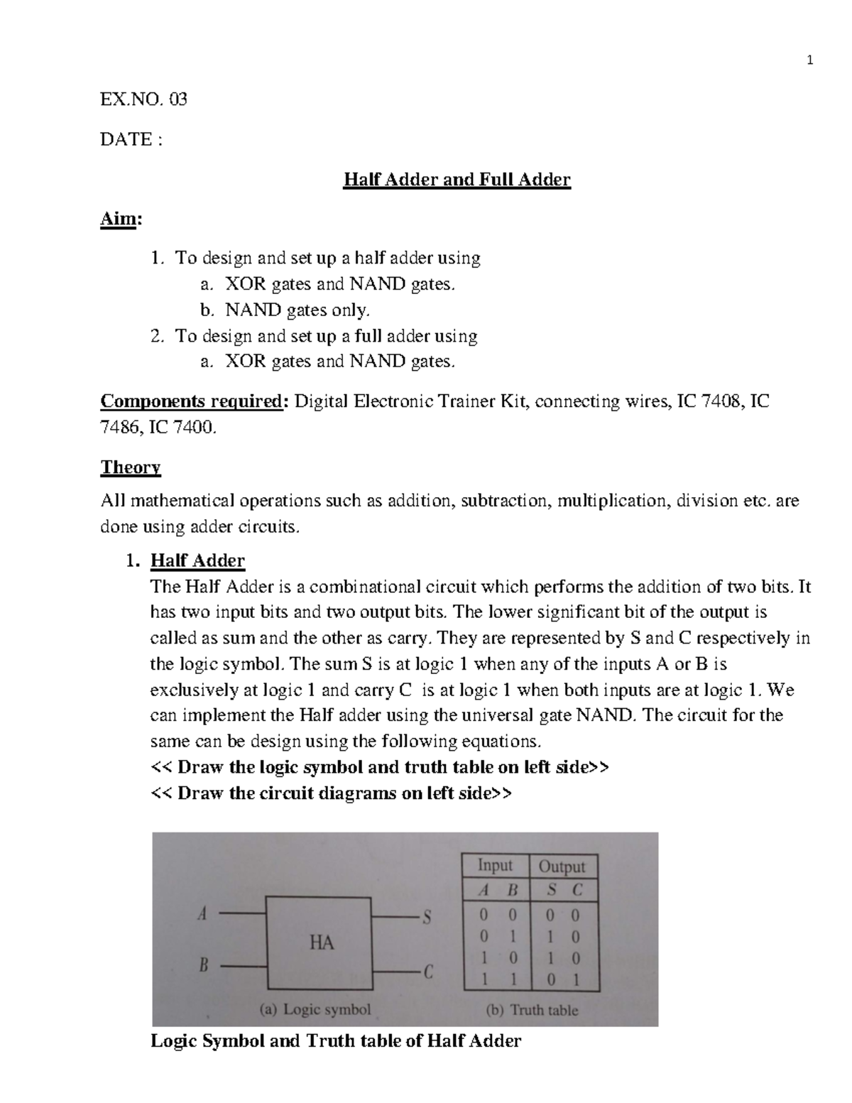 EXP.NO.03 Adders - This a practical experiment - EX. 03 DATE : Half ...