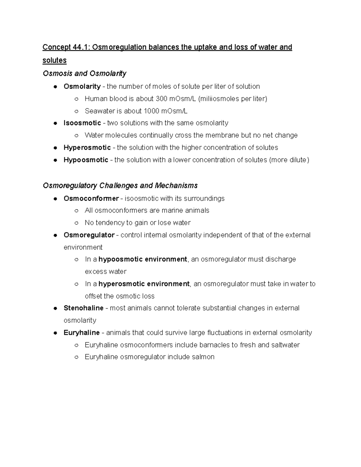 Biology 102 Ch. 44 Osmoregulation and Excretion - Concept 44 ...