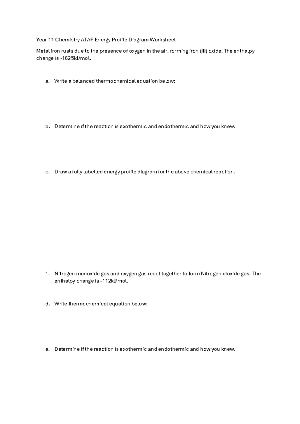 Year 11 Chemistry ATAR Energy Profile Diagram Worksheet - The enthalpy ...
