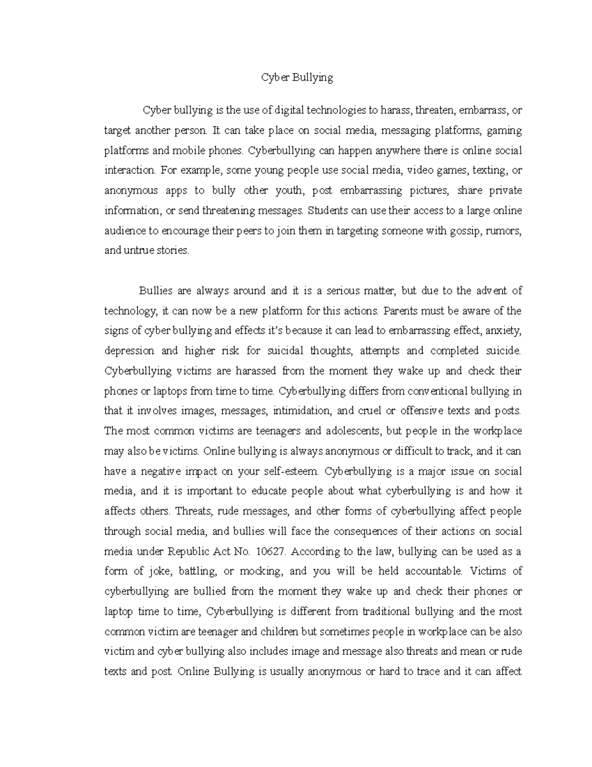 Position- Paper- Edzel - Cyber Bullying Cyber bullying is the use of ...