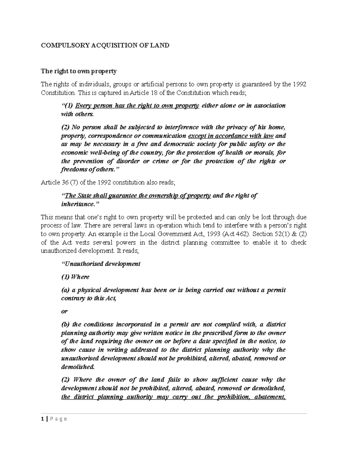 Compulsory Acquisition OF LAND - COMPULSORY ACQUISITION OF LAND The ...