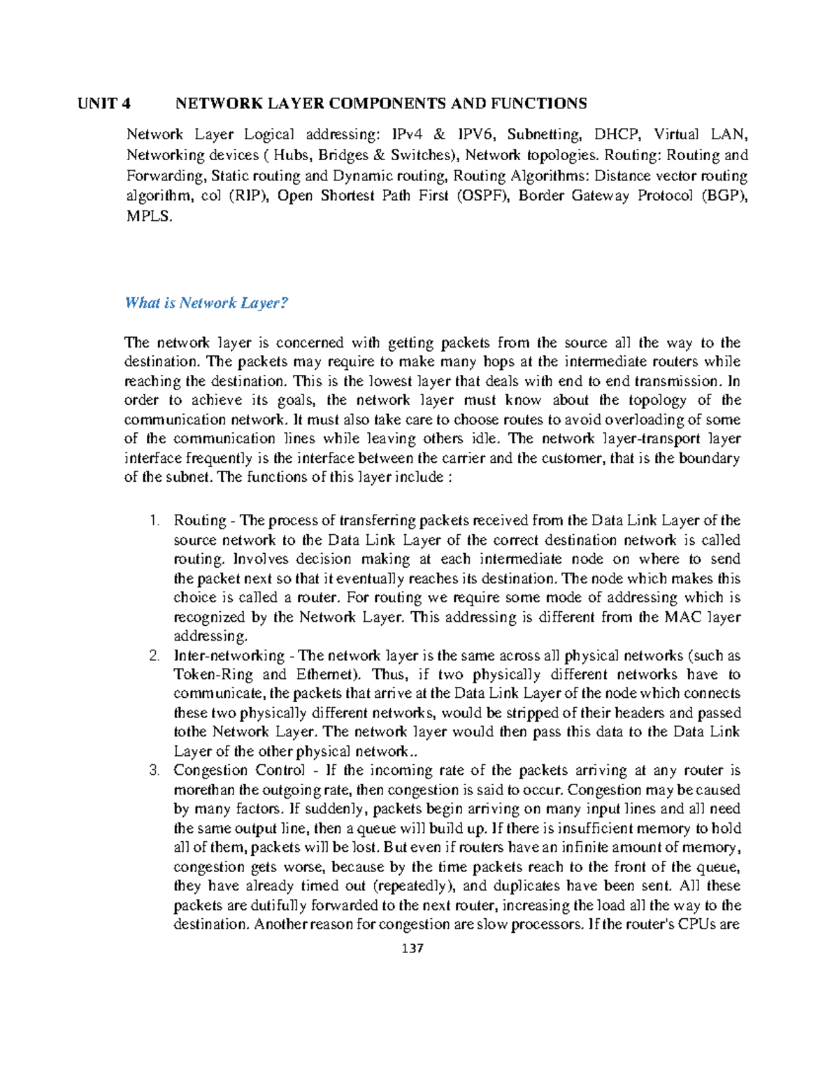 Network Layer Components AND Functions - UNIT 4 NETWORK LAYER COMPONENTS AND FUNCTIONS Network ...