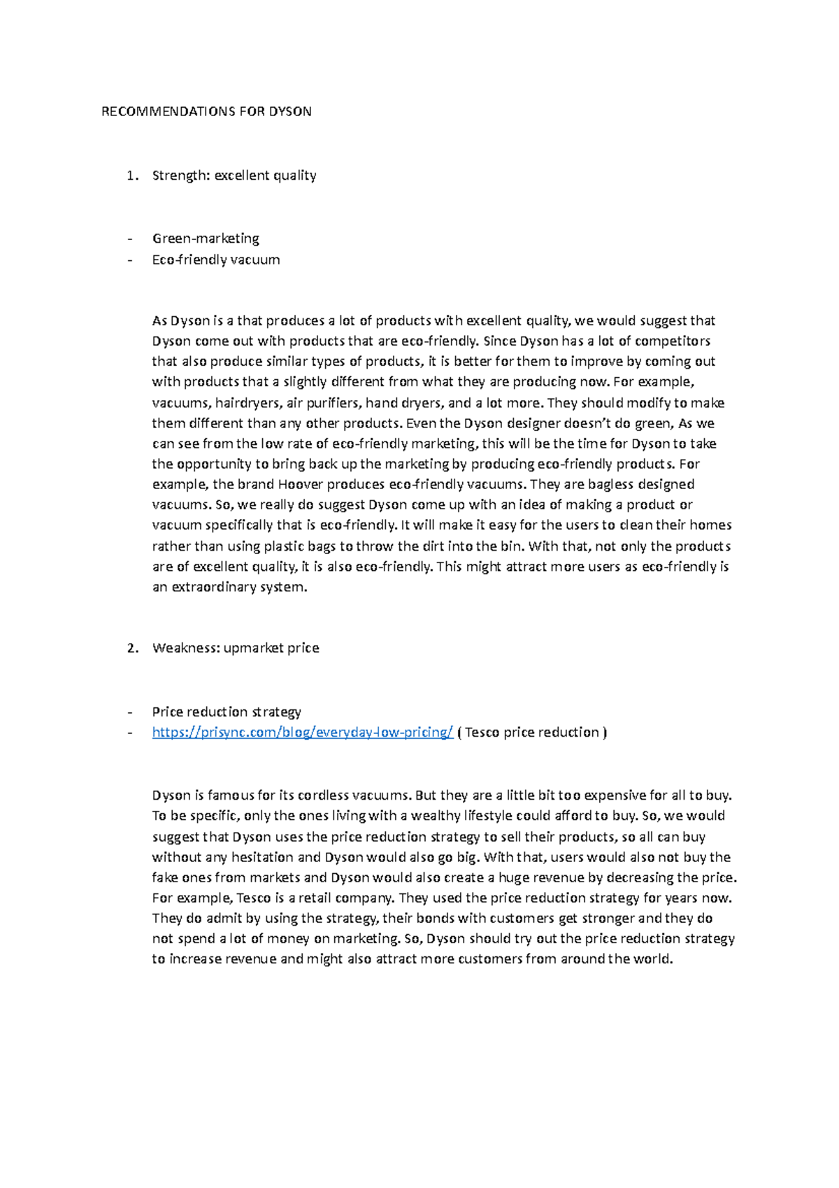 Recommendations FOR Dyson - RECOMMENDATIONS FOR DYSON Strength ...