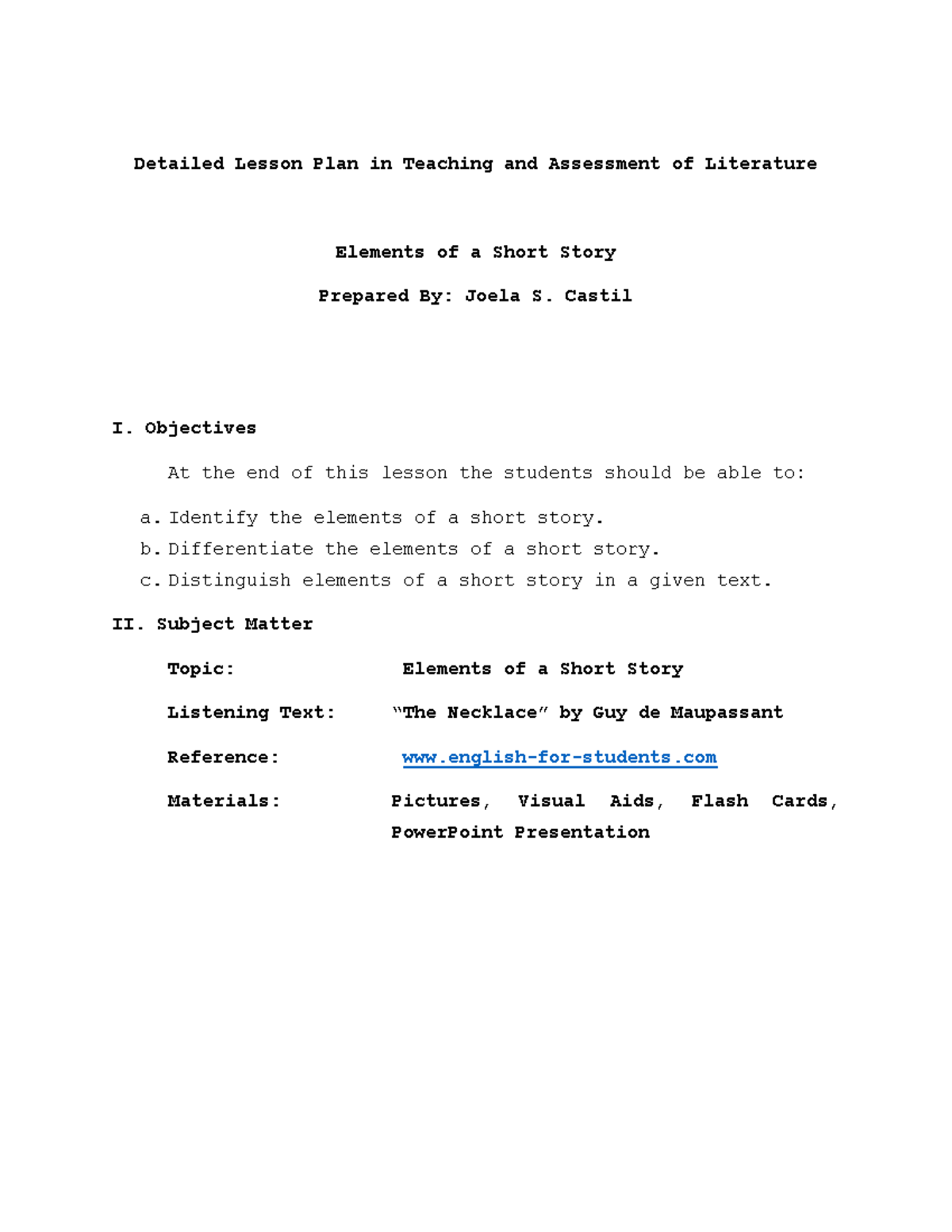 Elements-of-a-short-story-lesson-plan compress - Detailed Lesson Plan ...