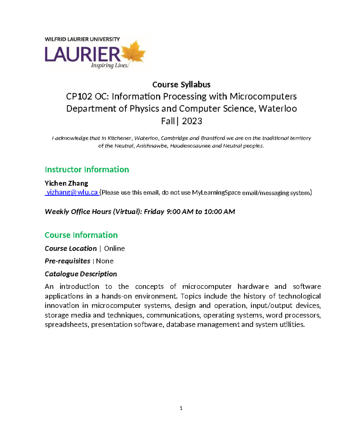 CP102 Syllabus 2023/24 - Course Syllabus CP 102 OC: Information Processing with Mi croco mpu ...