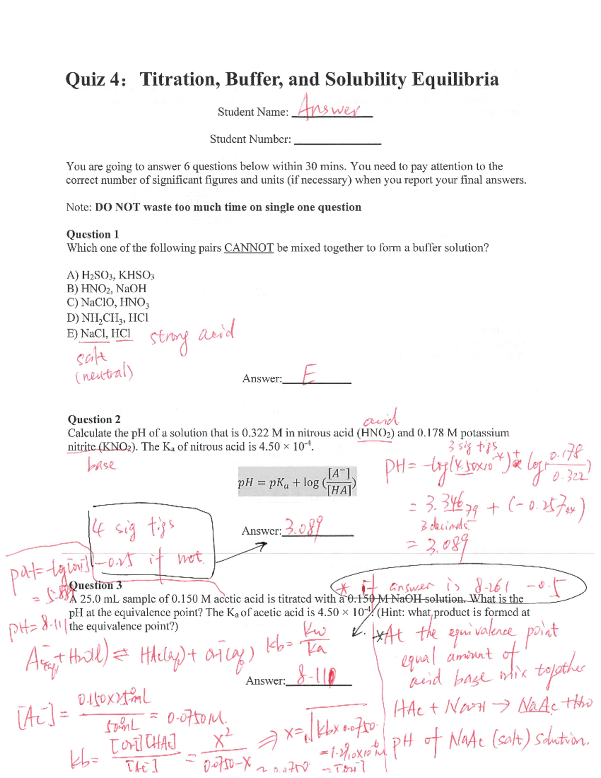 Quiz 4-Answer Spring 2024 - Quiz 4: Titration, Buffer, and Solubility ...