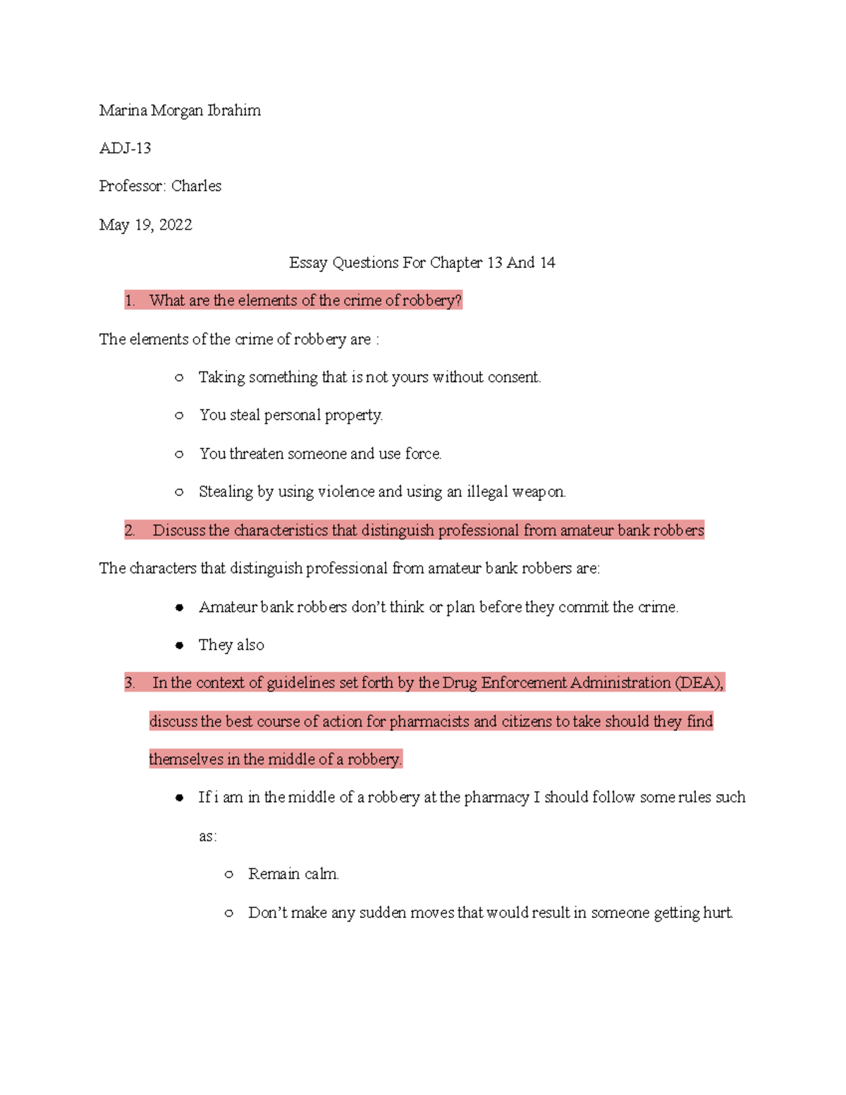 Essay questions for chapters 13 and 14 - Marina Morgan Ibrahim ADJ ...