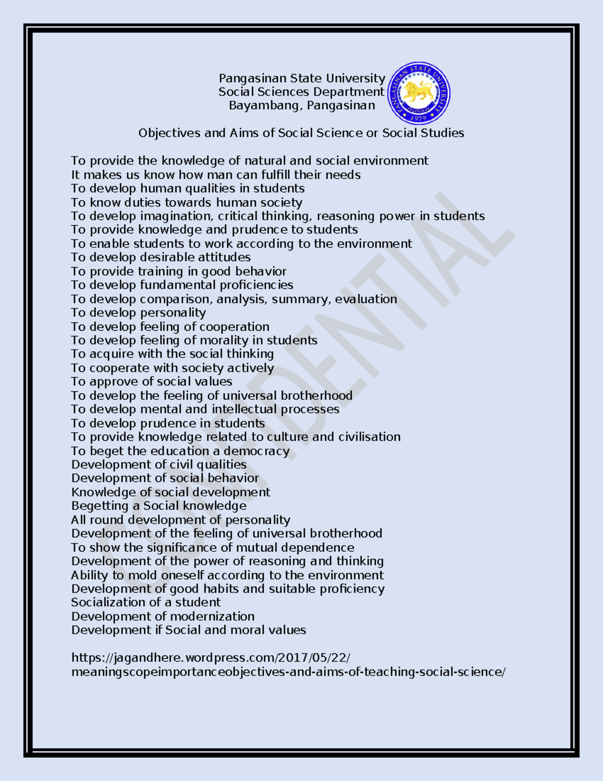 Objectives of Social Science - Pangasinan State University Social ...