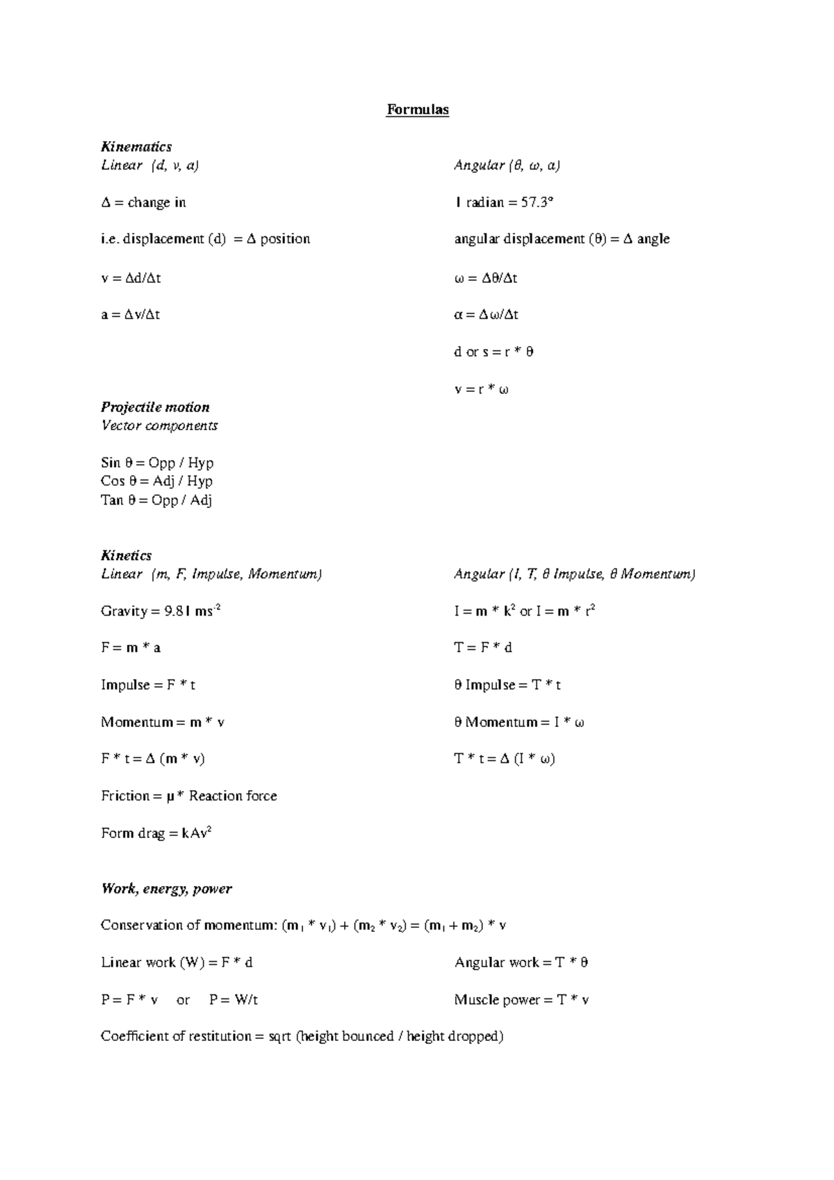 Sample/practice exam 2020, questions - Formulas Kinematics Linear (d, v ...