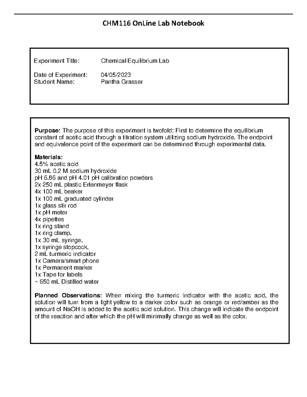 Chemical Equilibrium Lab Notebook - Experiment Title: Chemical ...
