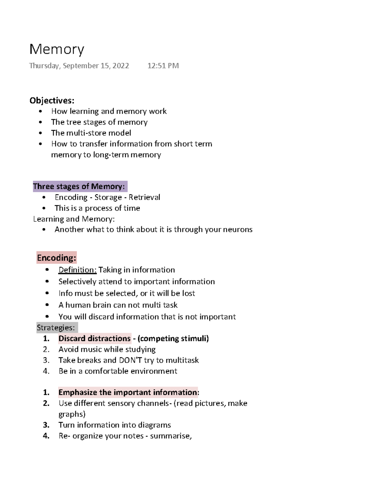 Memory - Objectives: How learning and memory work The tree stages of ...