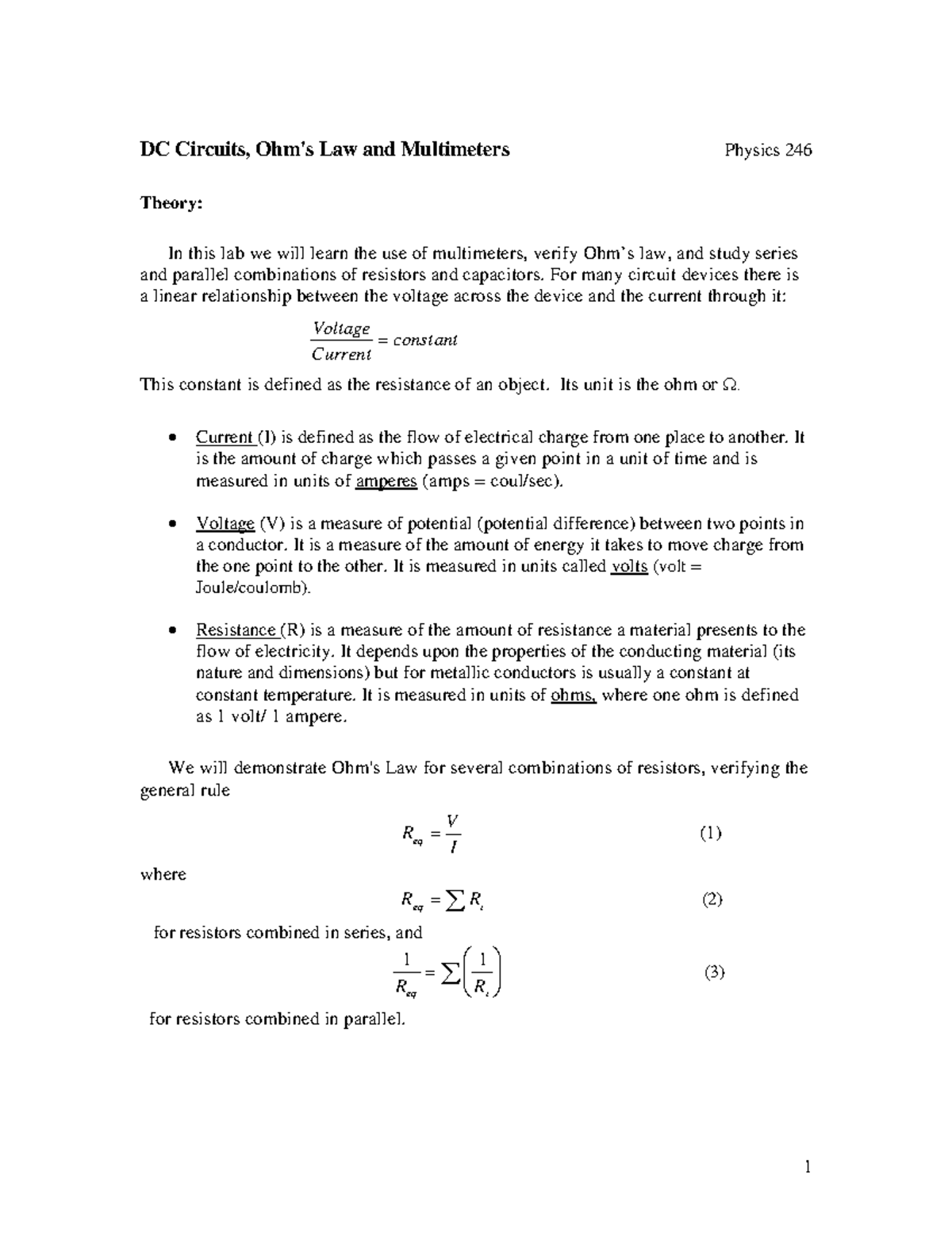 Handout DC Circuits, Ohm's law and Multimeters - DC Circuits, Ohm's Law ...