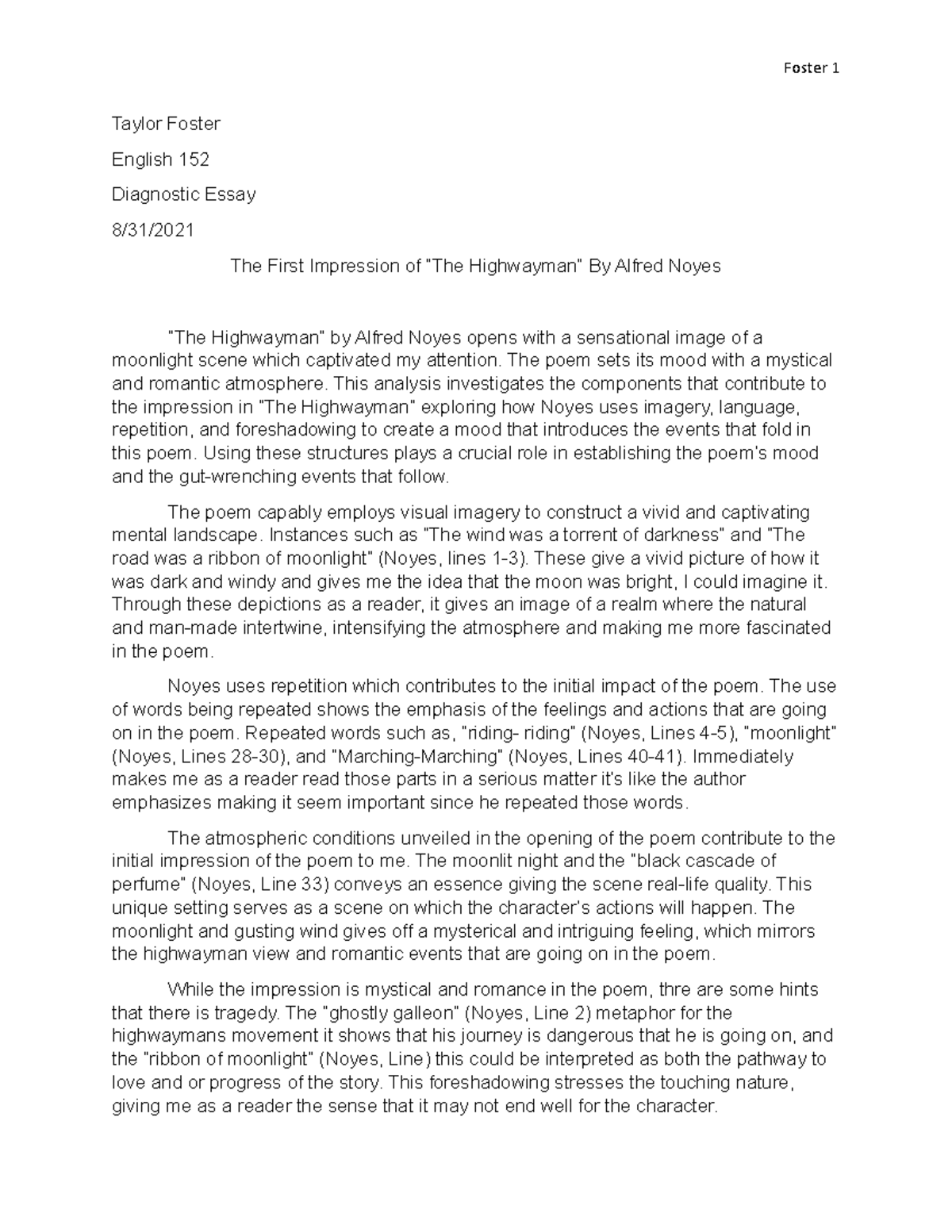 Taylor Foster Diagnostic Essay The Highwayman - Foster 1 Taylor Foster ...