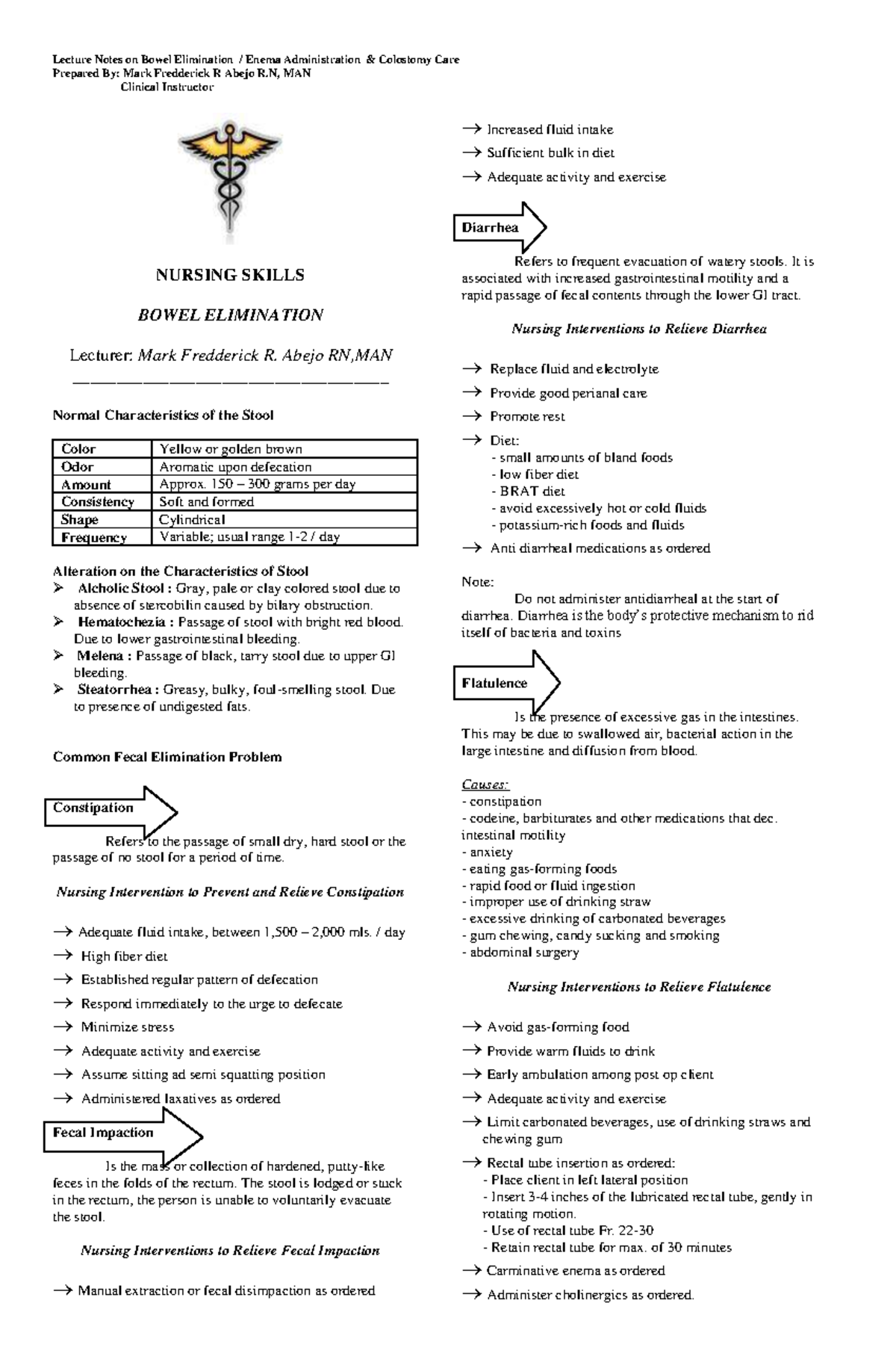 Bowel Elimination - NURSING SKILLS notes - Prepared By: Mark Fredderick ...